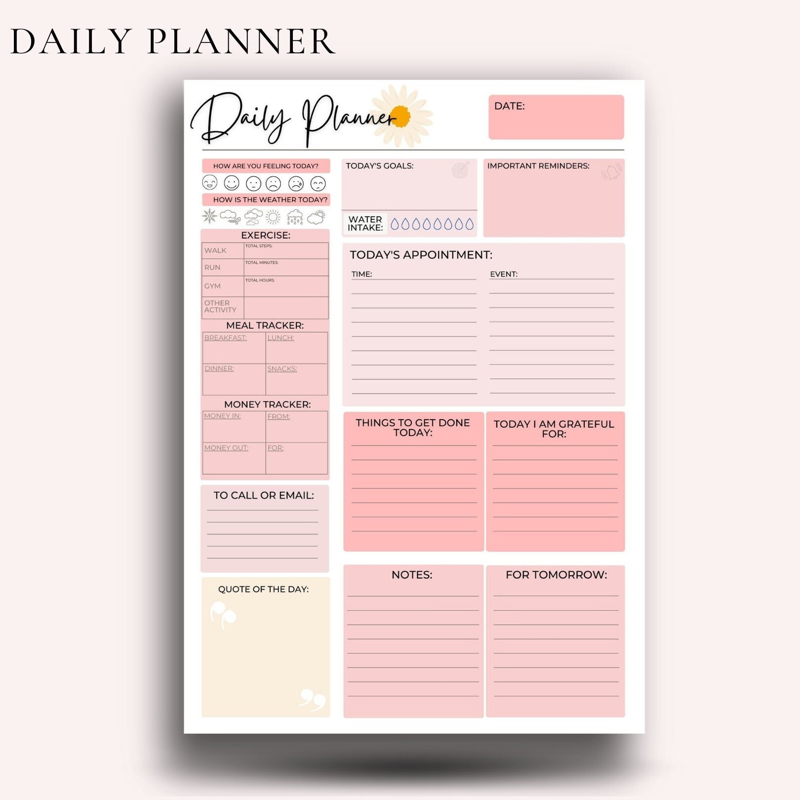 Daily Planner Printable Downloadable, Cute All in One Daily Task ...