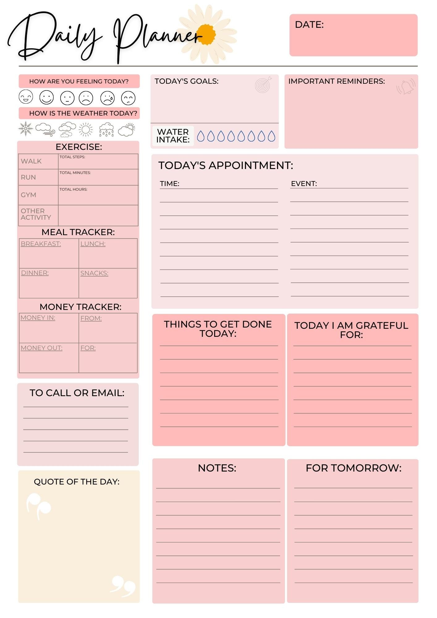 Daily Planner Printable Downloadable, Cute All in One Daily Task ...