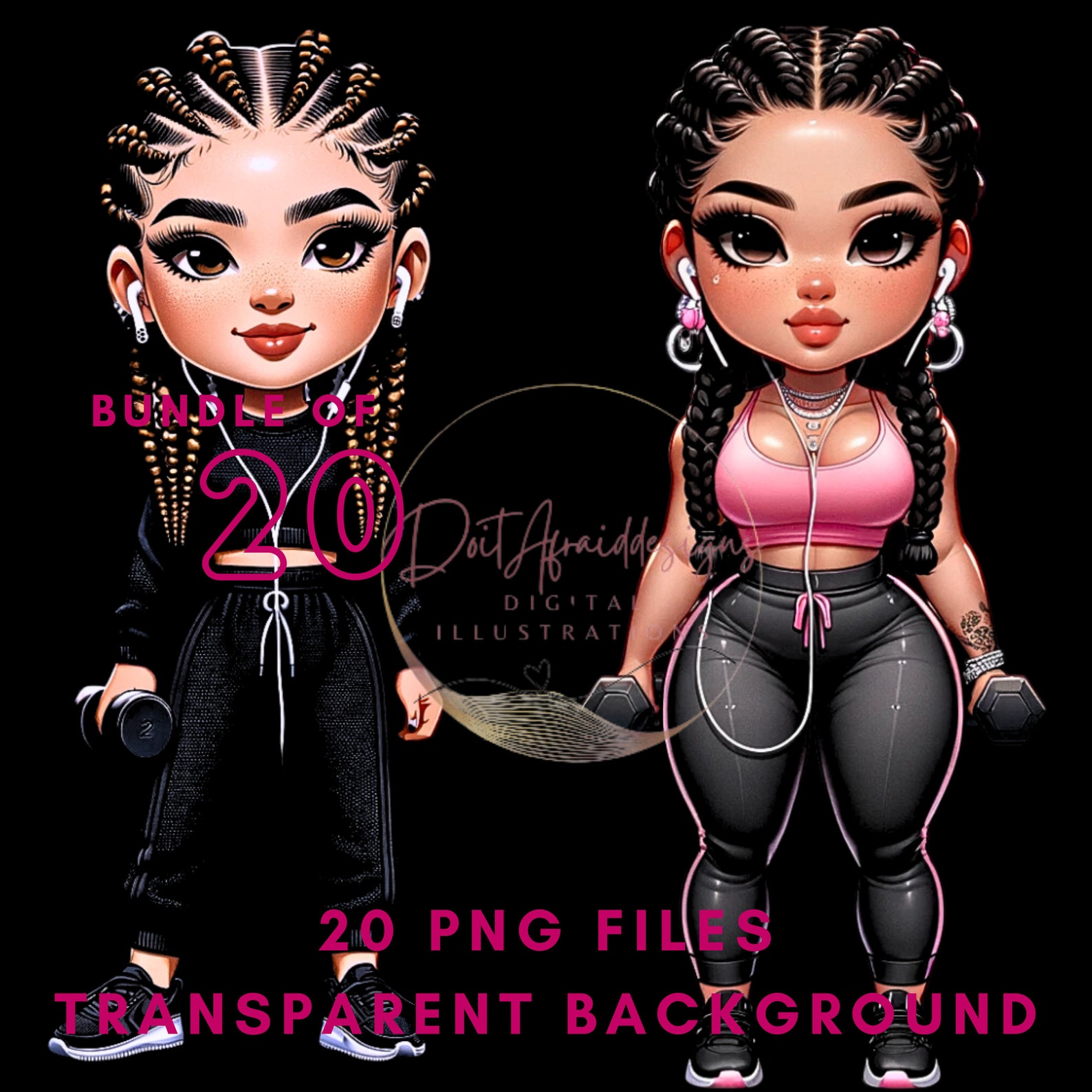 Workout Chibis, Chicana Chibis Working Out, Chibi Doll PNG, Chibi ...