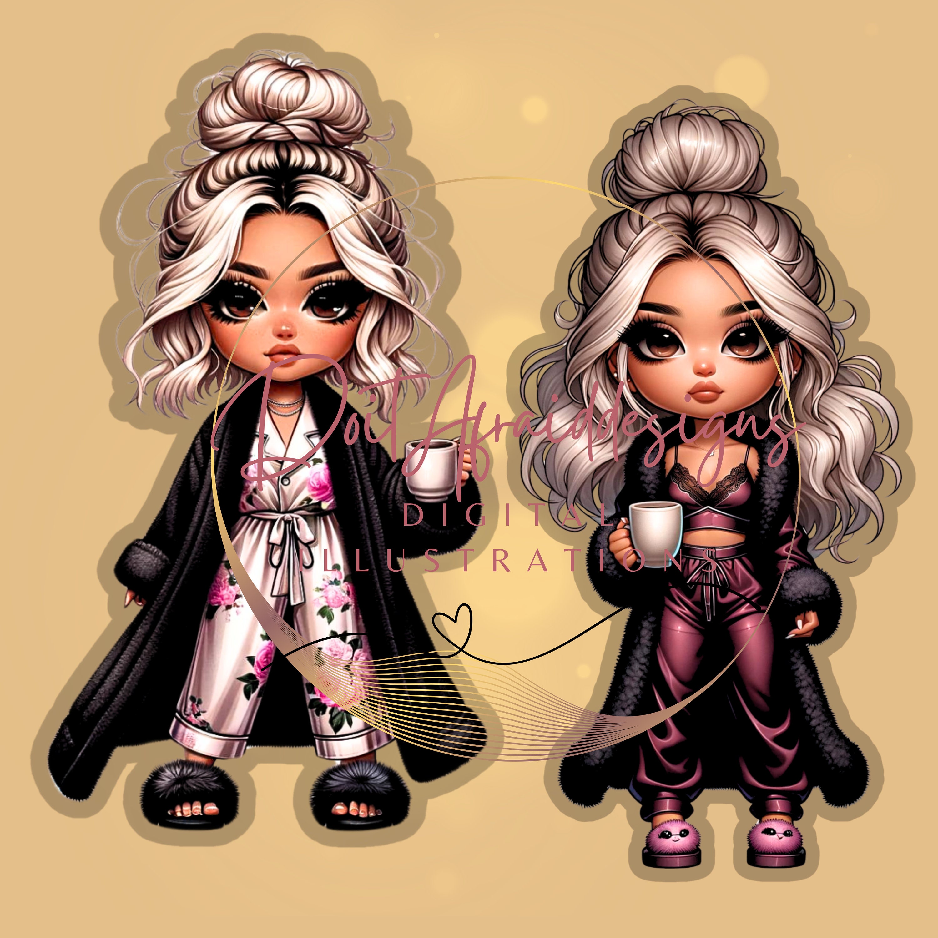 Cozy Chibi Pajama Chibi's Blonde Chicana Chibi's Pj's and Coffee Chibi ...