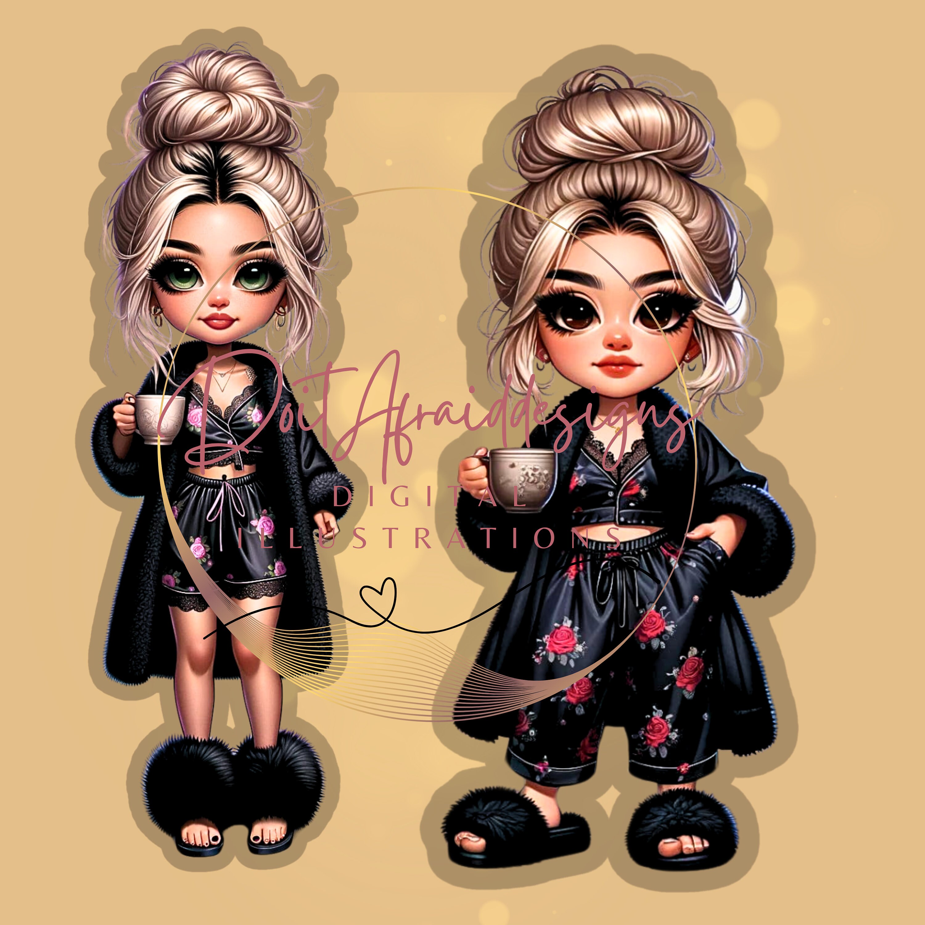 Cozy Chibi Pajama Chibi's Blonde Chicana Chibi's Pj's and Coffee Chibi ...