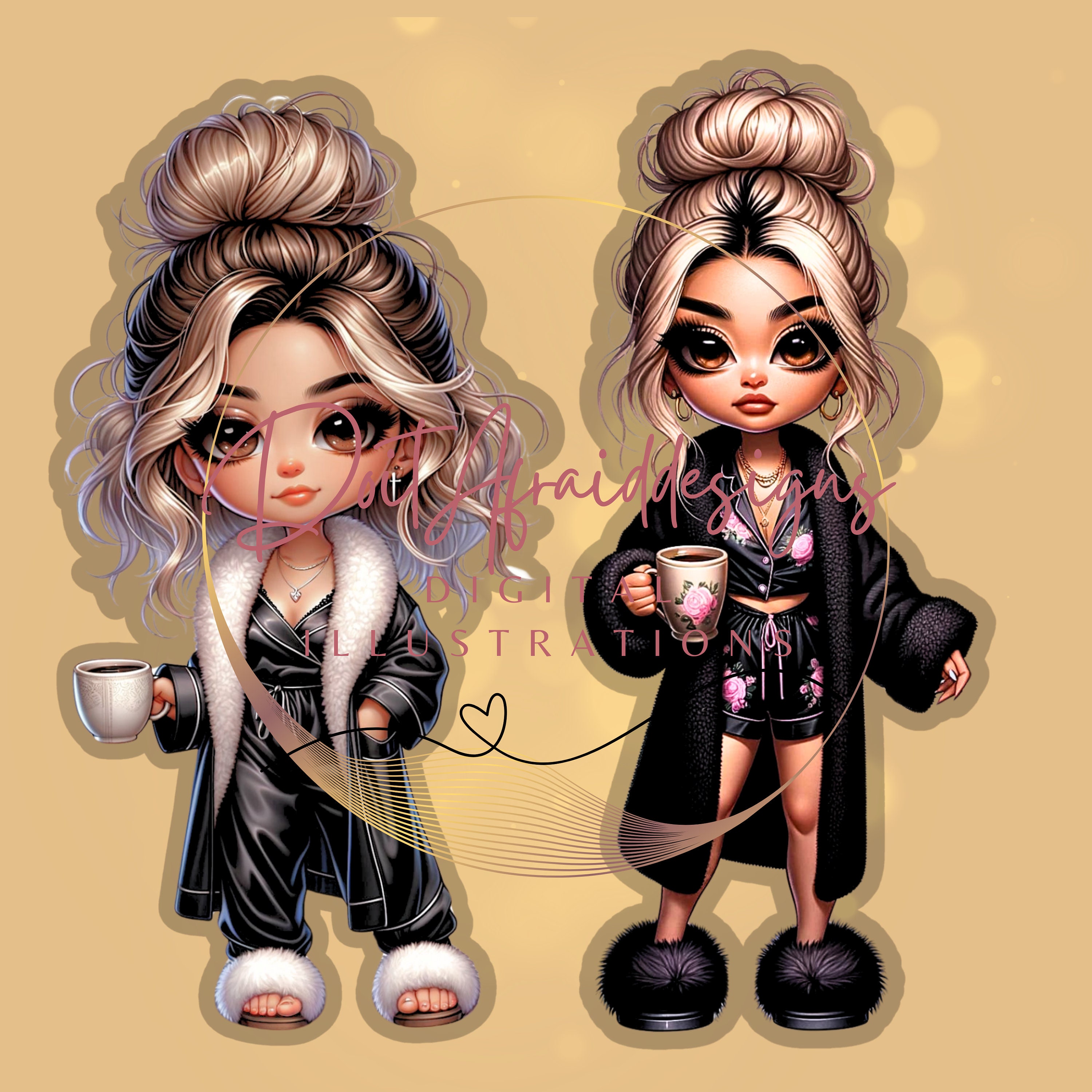 Cozy Chibi Pajama Chibi's Blonde Chicana Chibi's Pj's and Coffee Chibi ...