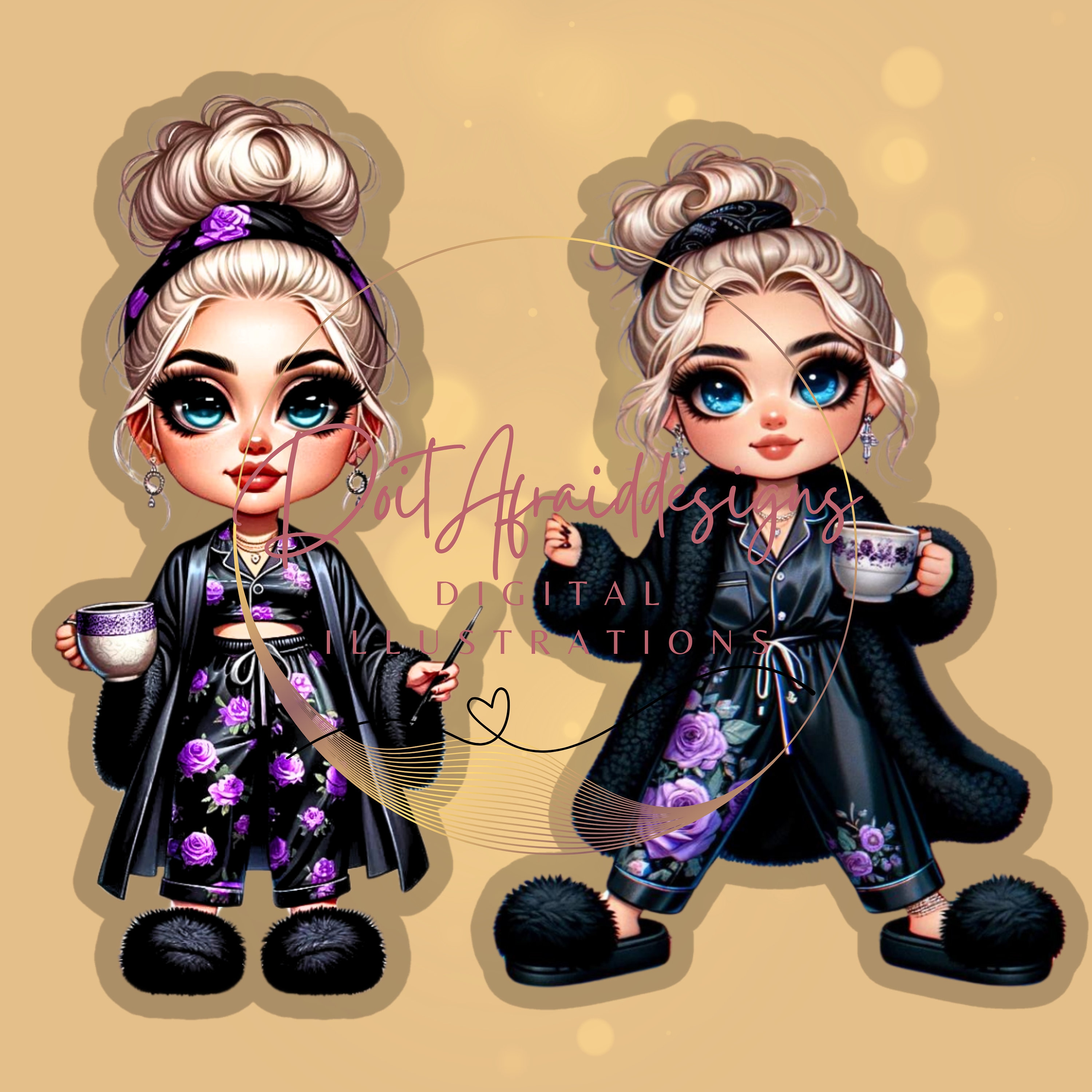 Cozy Chibi Pajama Chibis Blonde Chicana Chibis Pjs And Coffee Chibi Beauty Chibis Comfy