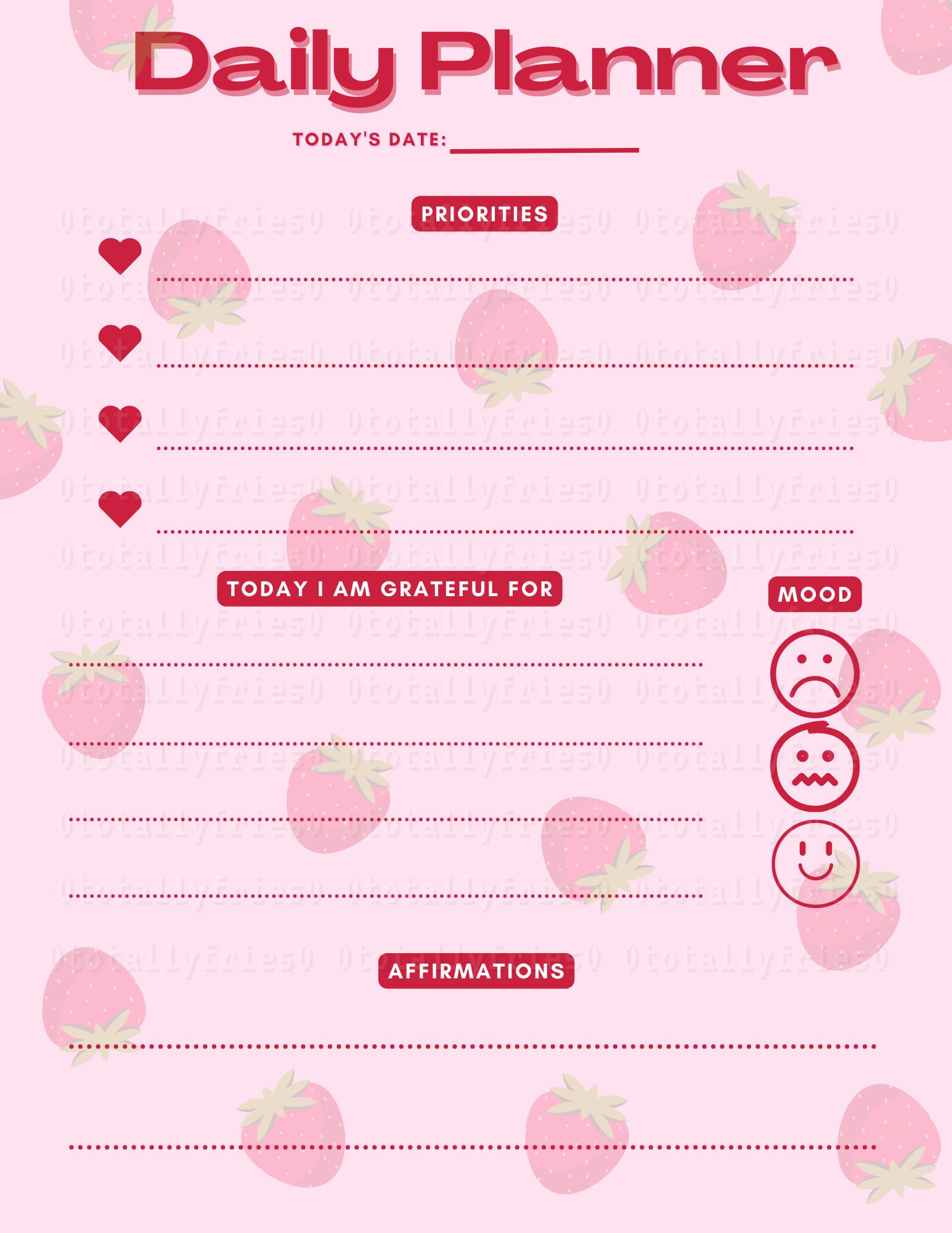 UNDATED Digital Weekly Daily Planner 3 Pages Pink Girly Cute Strawberry ...