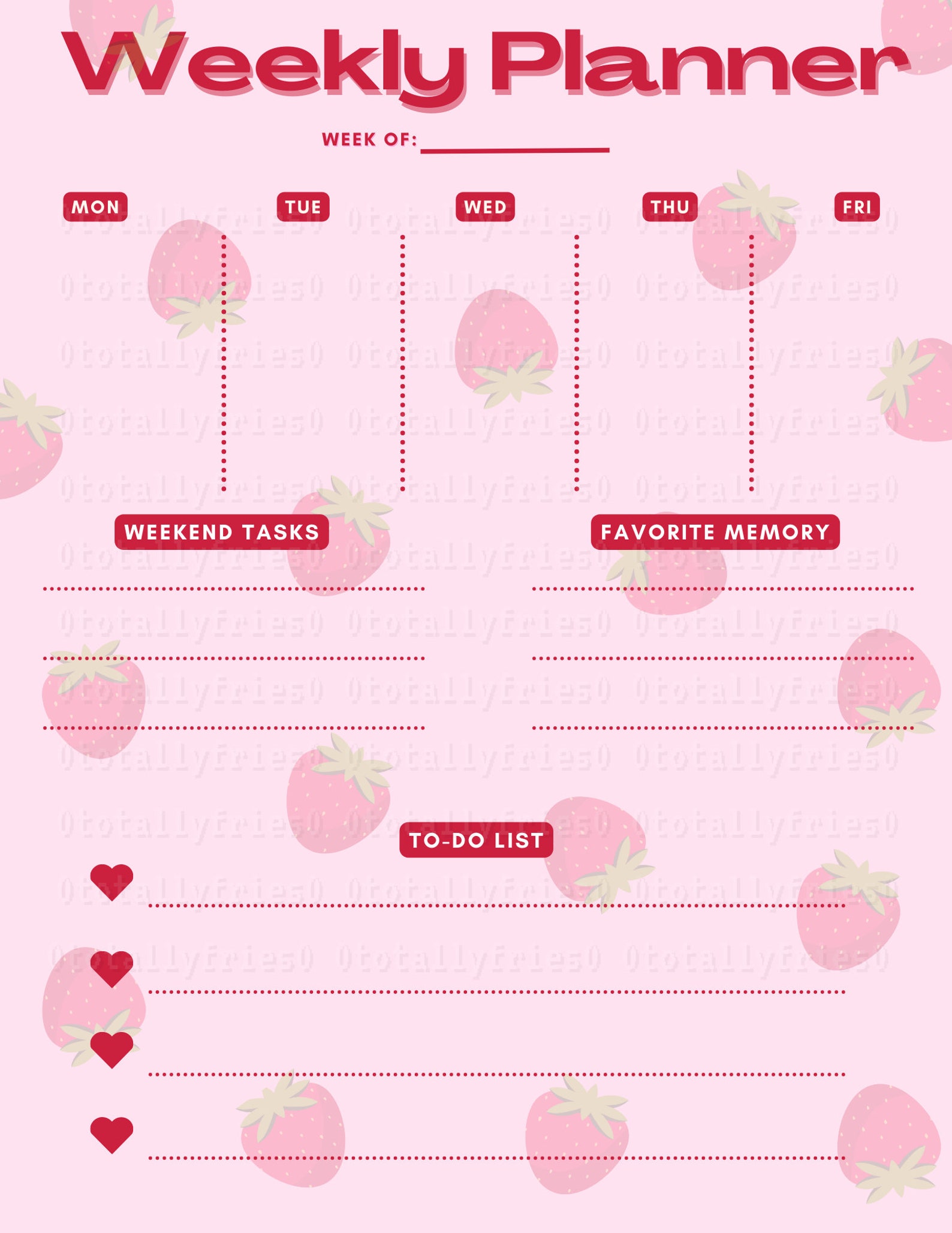 UNDATED Digital Weekly Daily Planner 3 Pages Pink Girly Cute Strawberry ...