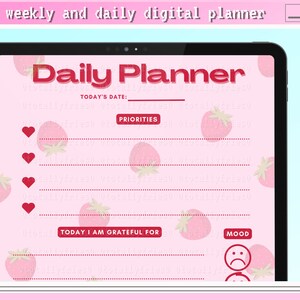 UNDATED Digital Weekly Daily Planner 3 Pages Pink Girly Cute Strawberry ...