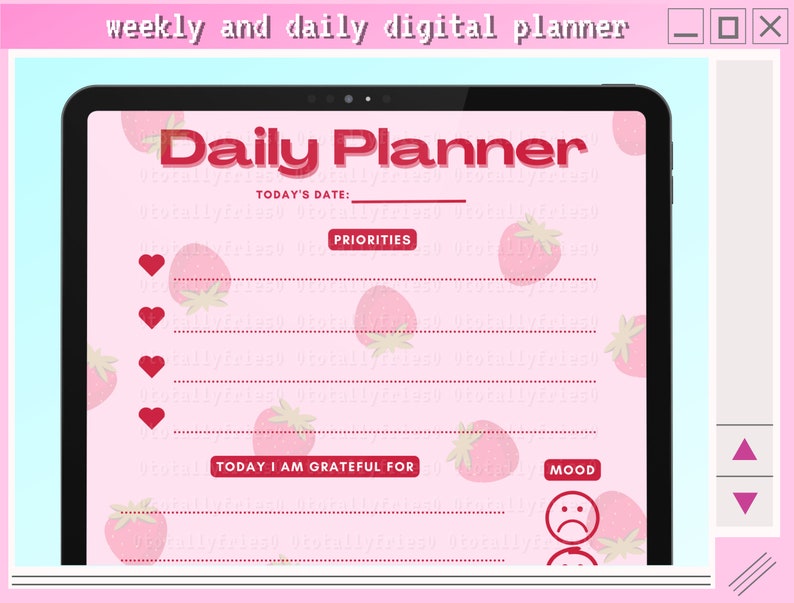 UNDATED Digital Weekly Daily Planner 3 Pages Pink Girly Cute Strawberry ...