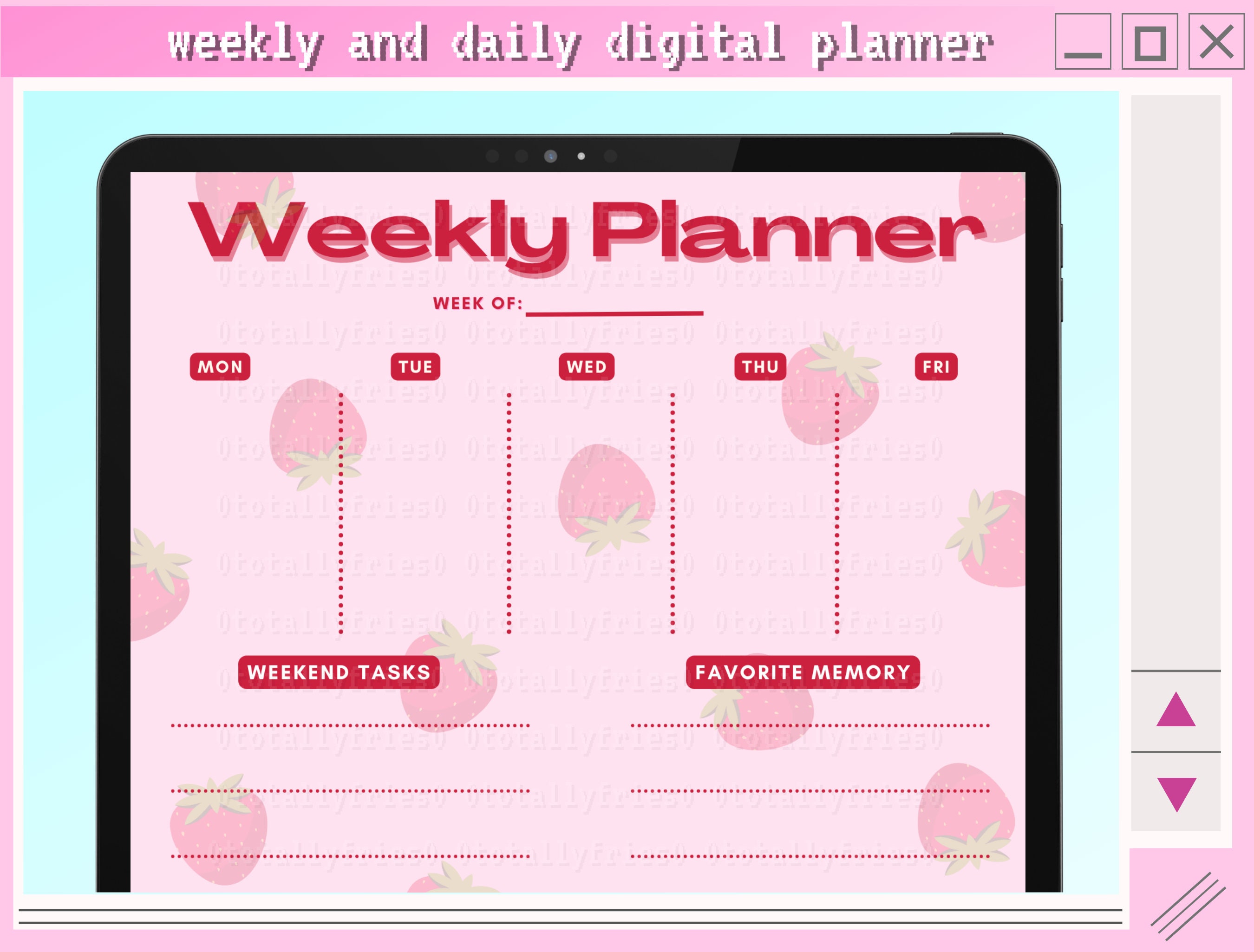 UNDATED Digital Weekly Daily Planner 3 Pages Pink Girly Cute Strawberry ...