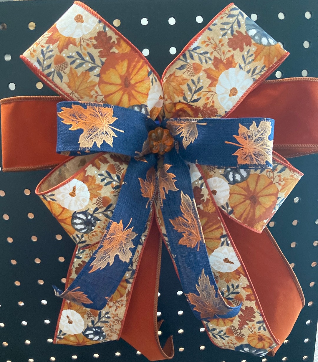 Fall 3 Ribbon Bow With Luxurious Rust Velvet Ribbon, Rust, Blue and ...