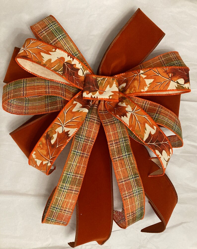 Fall 3 Ribbon Bow With Luxurious Rust Velvet Ribbon, Orange and Green ...