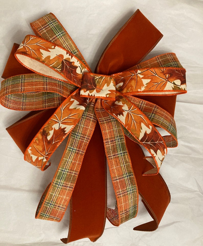 Fall 3 Ribbon Bow With Luxurious Rust Velvet Ribbon, Orange and Green ...