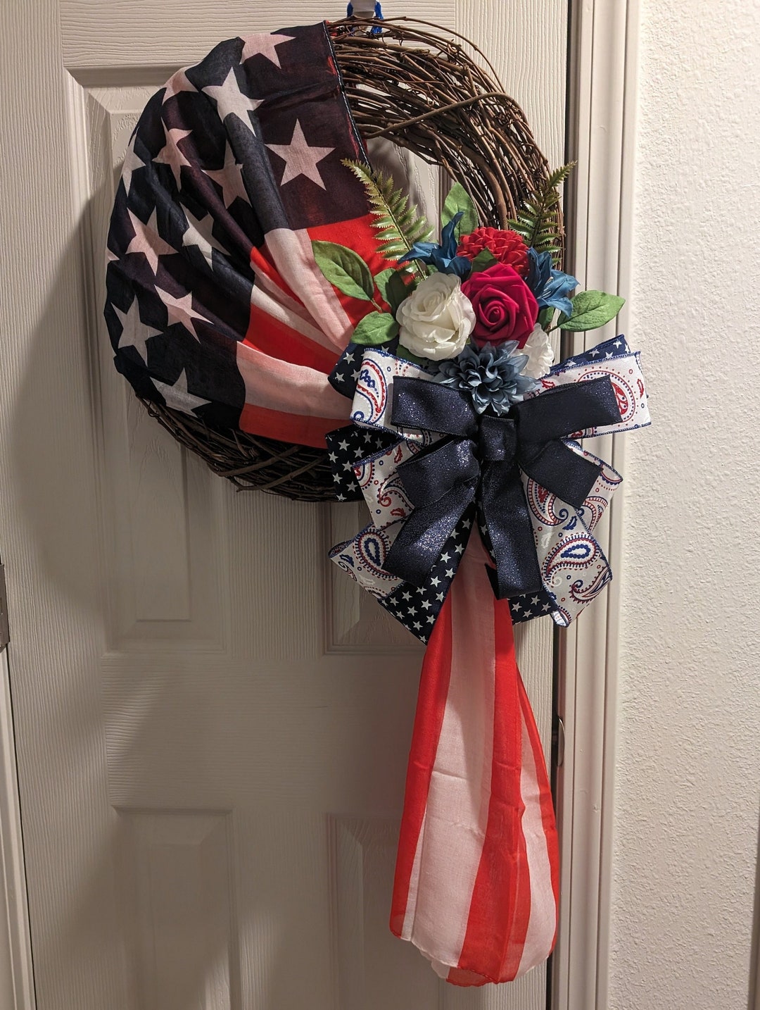 Patriotic Scarf Wreath With Red, White & Blue Roses, Hydrangea and ...