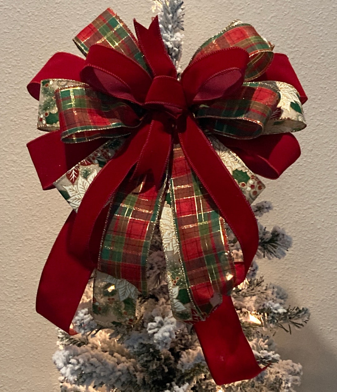 Traditional Christmas Tree Topper Bow; Handmade Red, Green and Gold ...