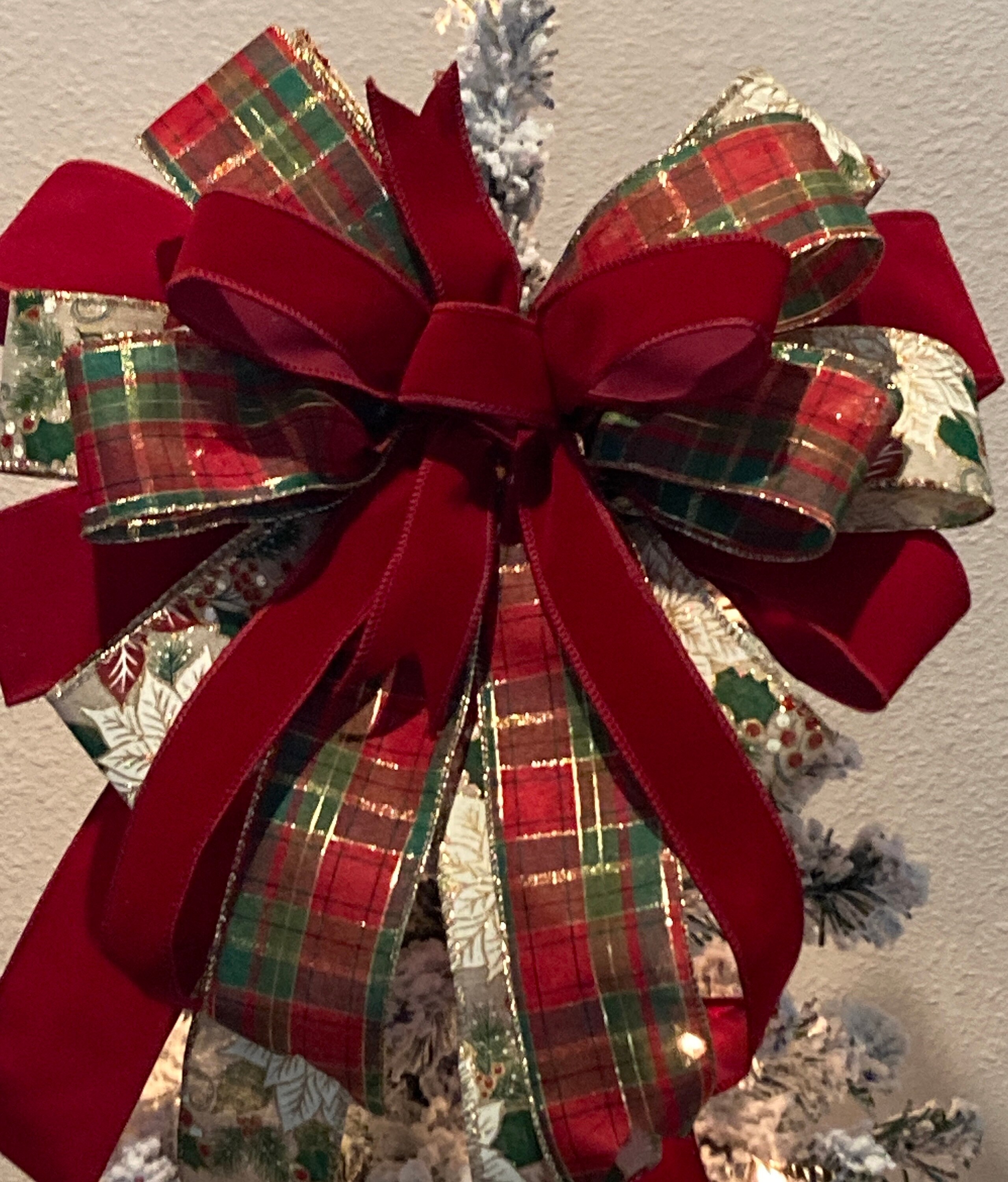 Traditional Christmas Tree Topper Bow; Handmade Red, Green and Gold ...