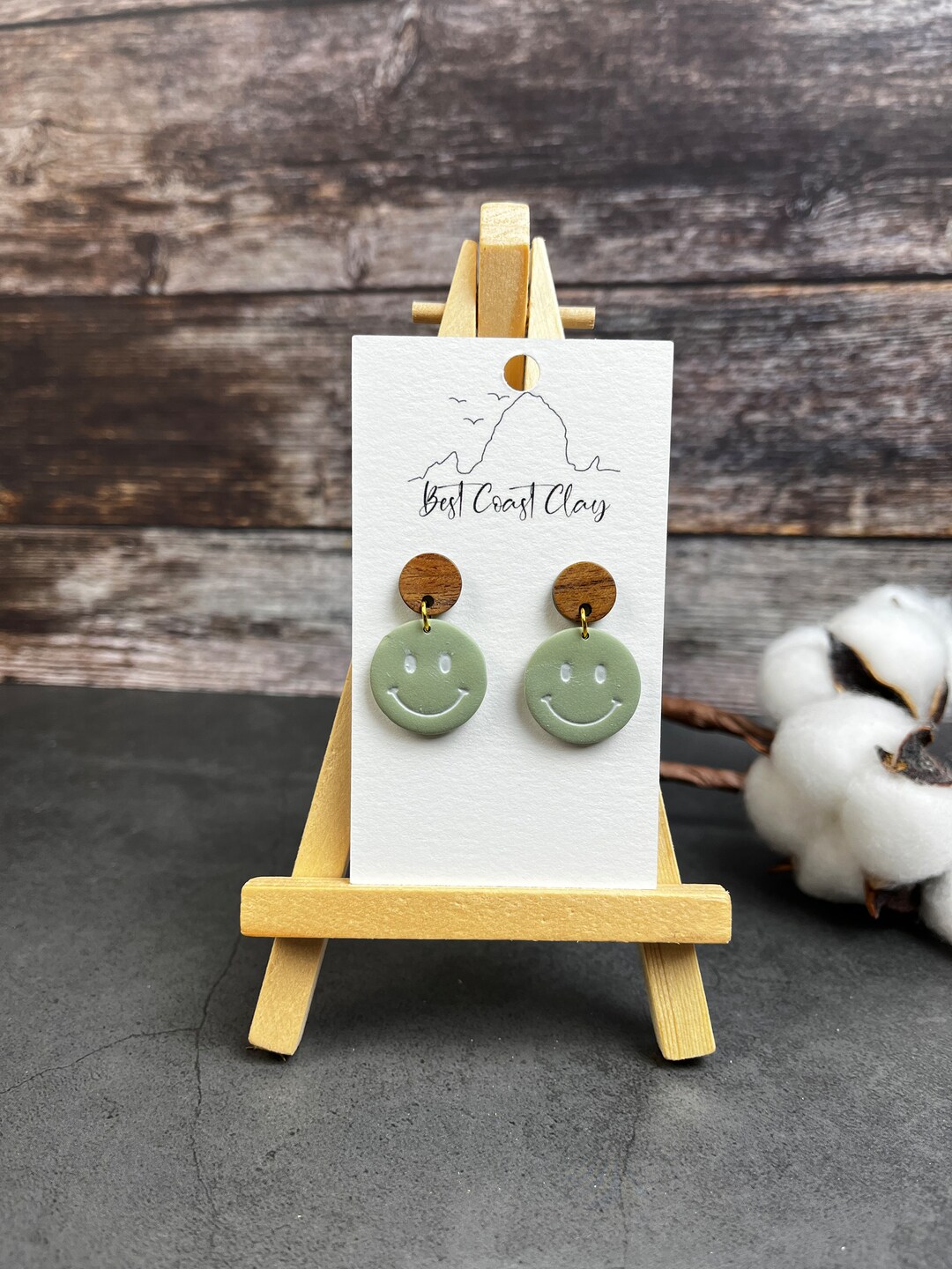 The Abigail L Smiley Face Dangle Polymer Clay Earrings With Walnut ...