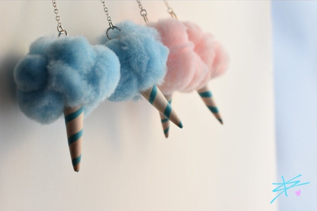 Cotton Candy Pomp Earrings! Pink or Blue Fluffy Dangle Treats! Handsewn ...