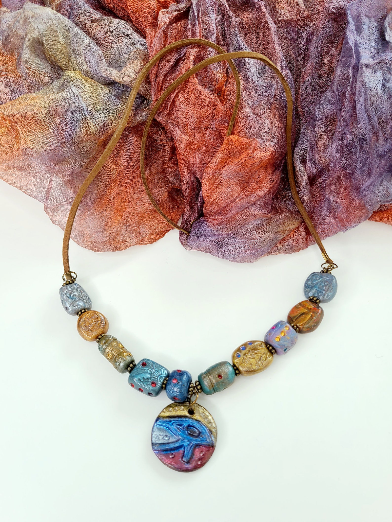 Artisan Clay Bead Necklace: Eye of Horace Pendant, Boho Leather Cord - Etsy