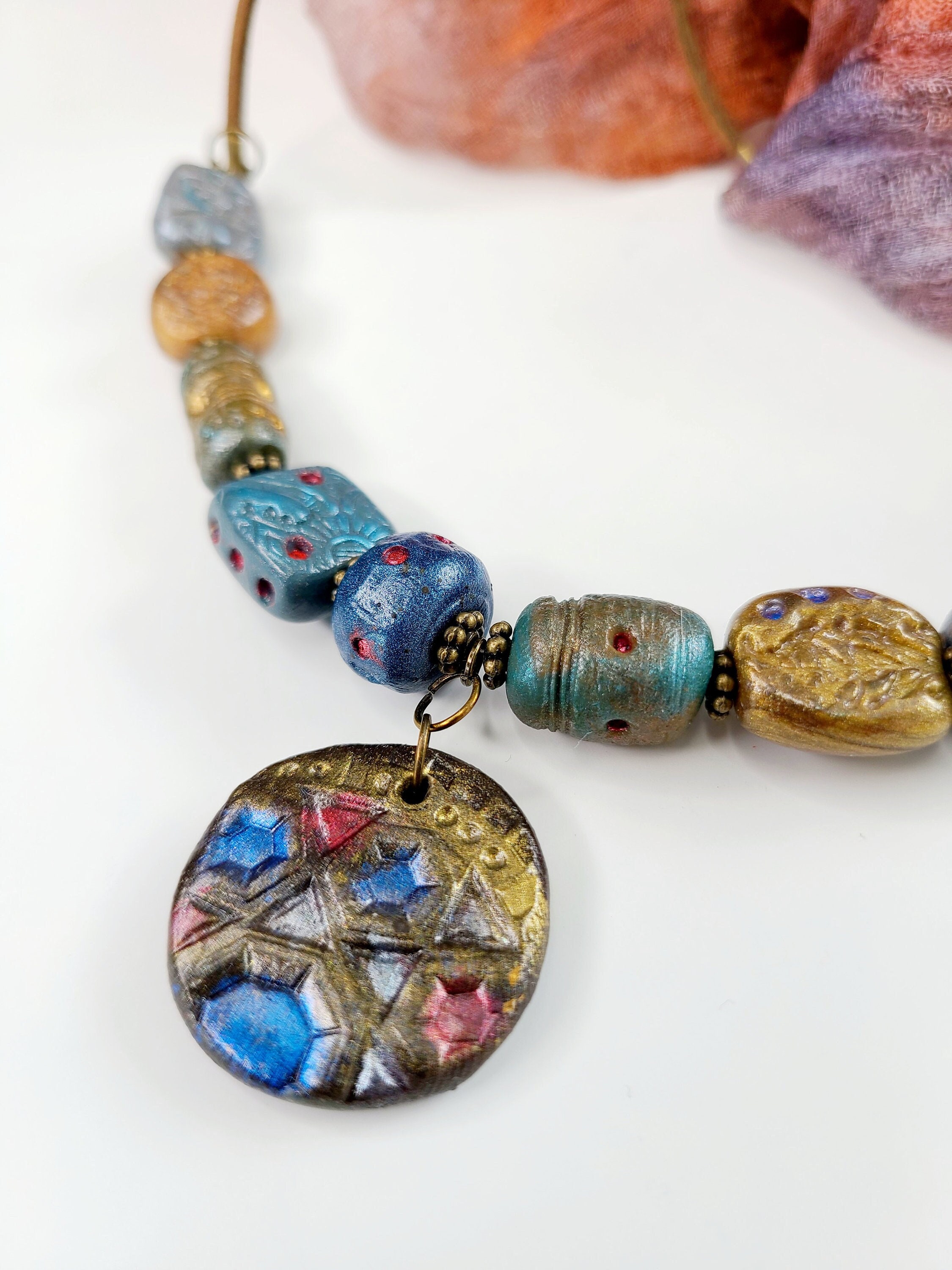 Artisan Clay Bead Necklace: Eye of Horace Pendant, Boho Leather Cord - Etsy