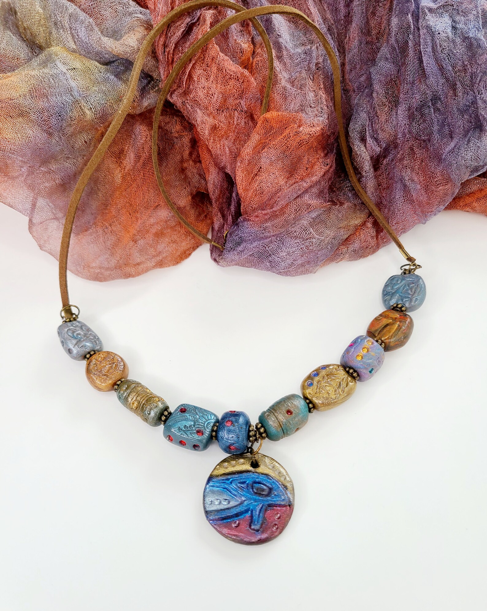 Artisan Clay Bead Necklace: Eye of Horace Pendant, Boho Leather Cord - Etsy
