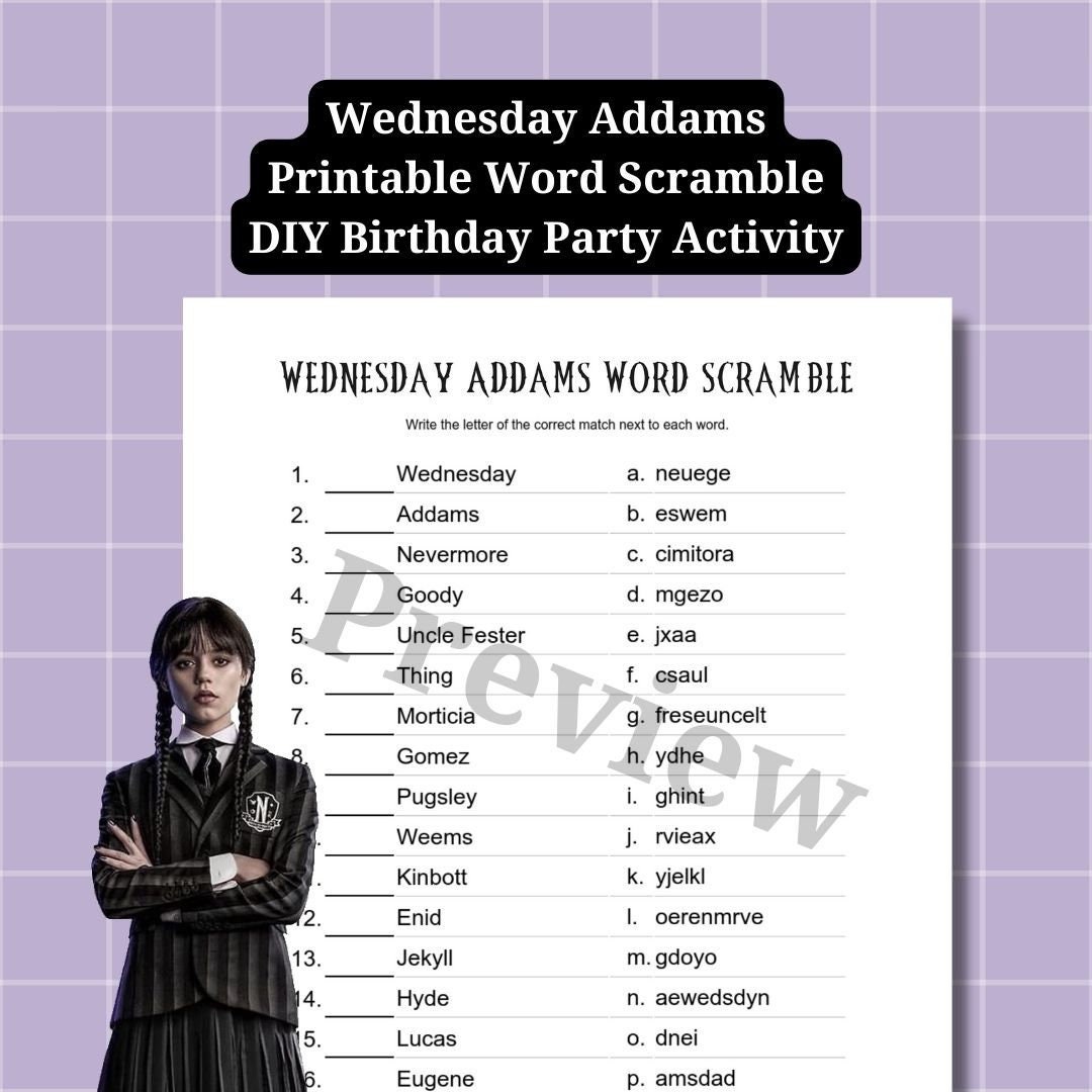 Wednesday Printable Word Scramble DIY Birthday Party Activity - Etsy