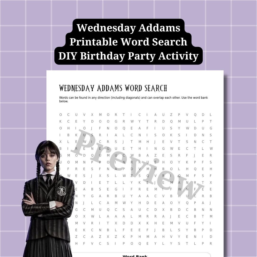 Wednesday Printable Word Search DIY Birthday Party Activity Sheet ...