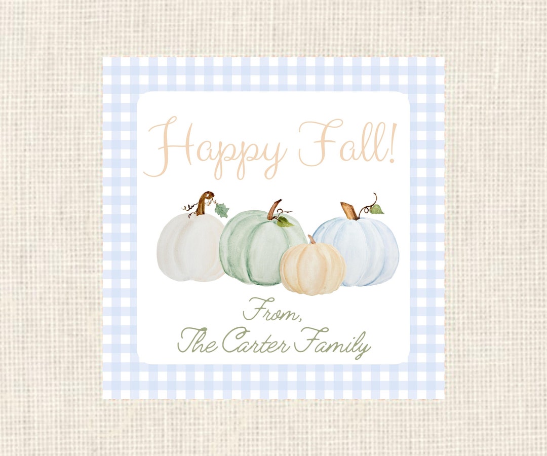 Happy Fall | Blue Gingham Pumpkins Gift Tag| Watercolor Printable ...