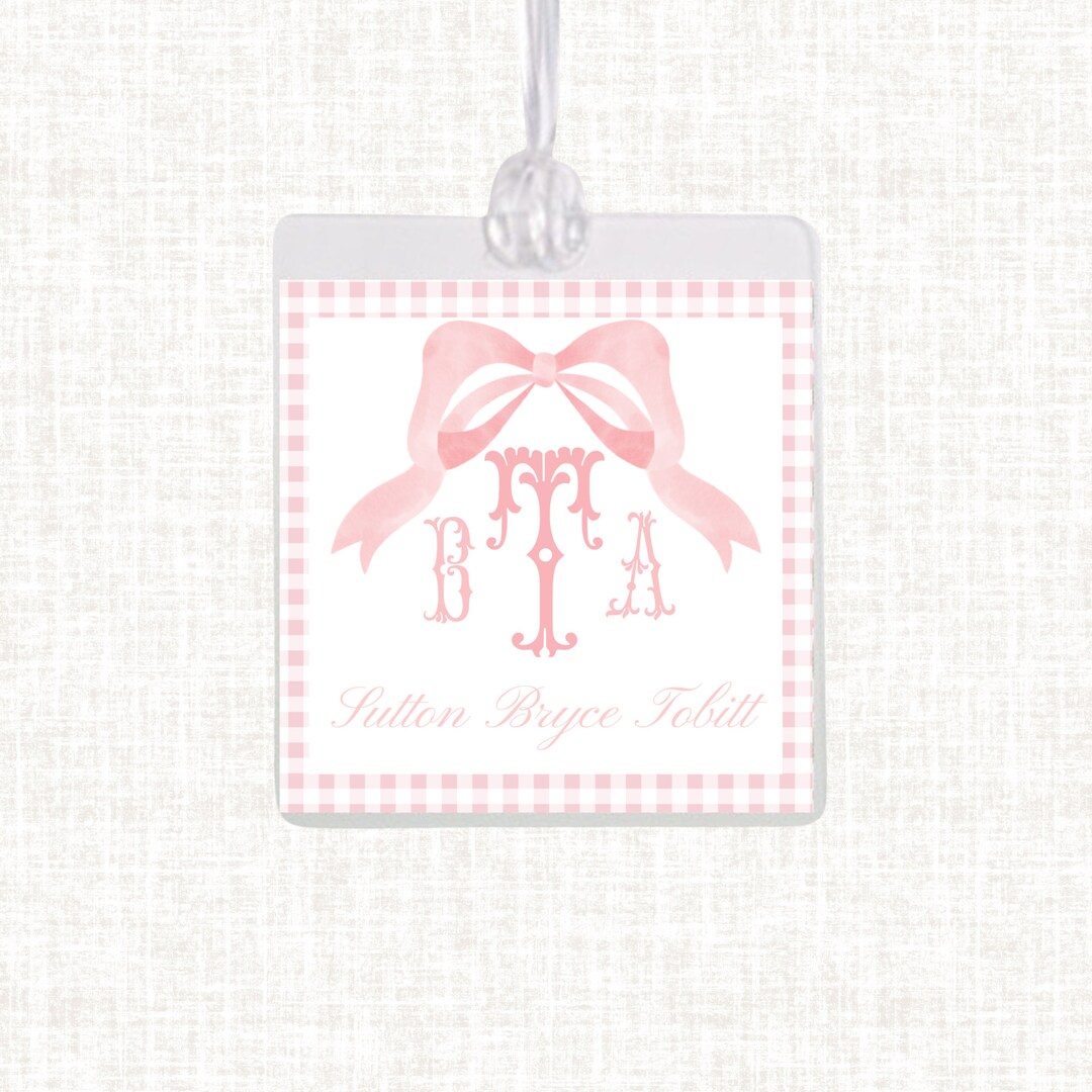 Personalized Watercolor Monogram Bow Bag Tag | Laminated Girl Luggage ...