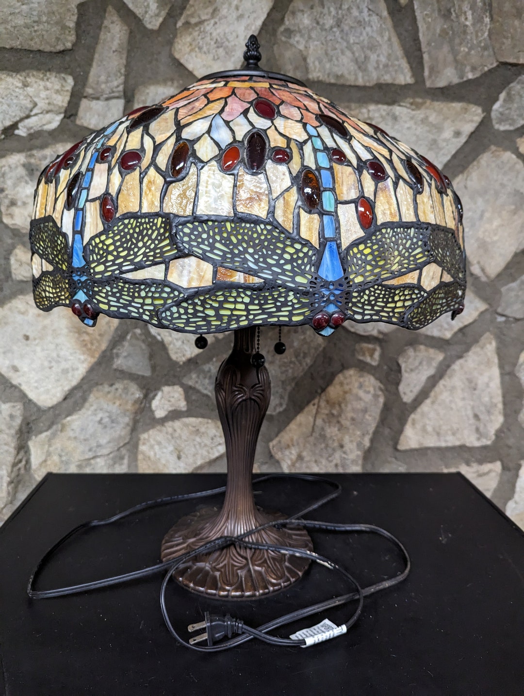 Excellent Condition Very Heavy Tiffany Style Dragon Fly Lamp Orange Red ...