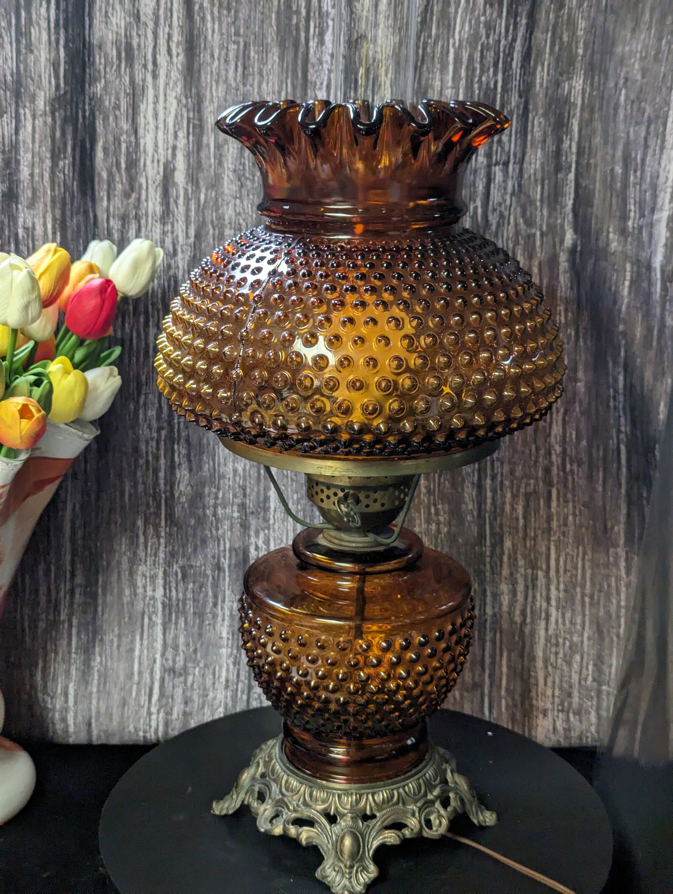 Excellent Condition Hobnail Hob Nail Hurricane Amber Lamp Entry Way ...