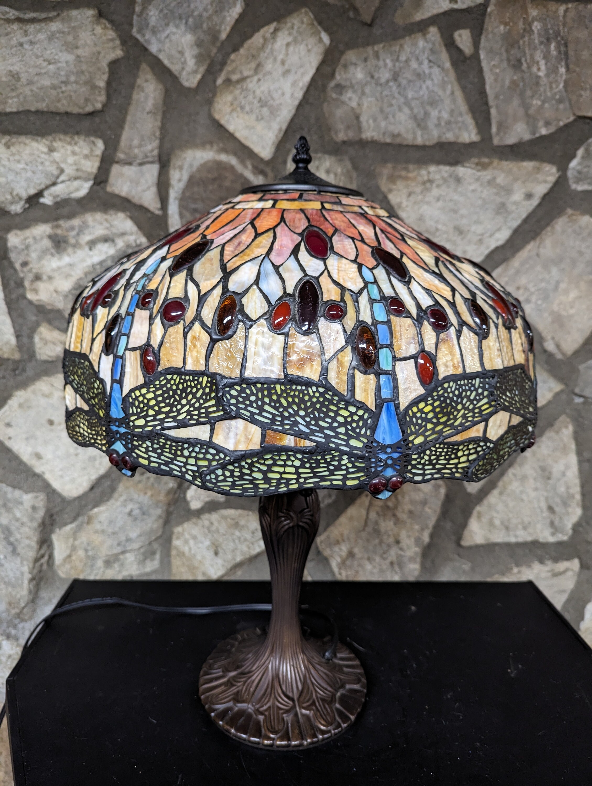 Excellent Condition Very Heavy Tiffany Style Dragon Fly Lamp Orange Red ...