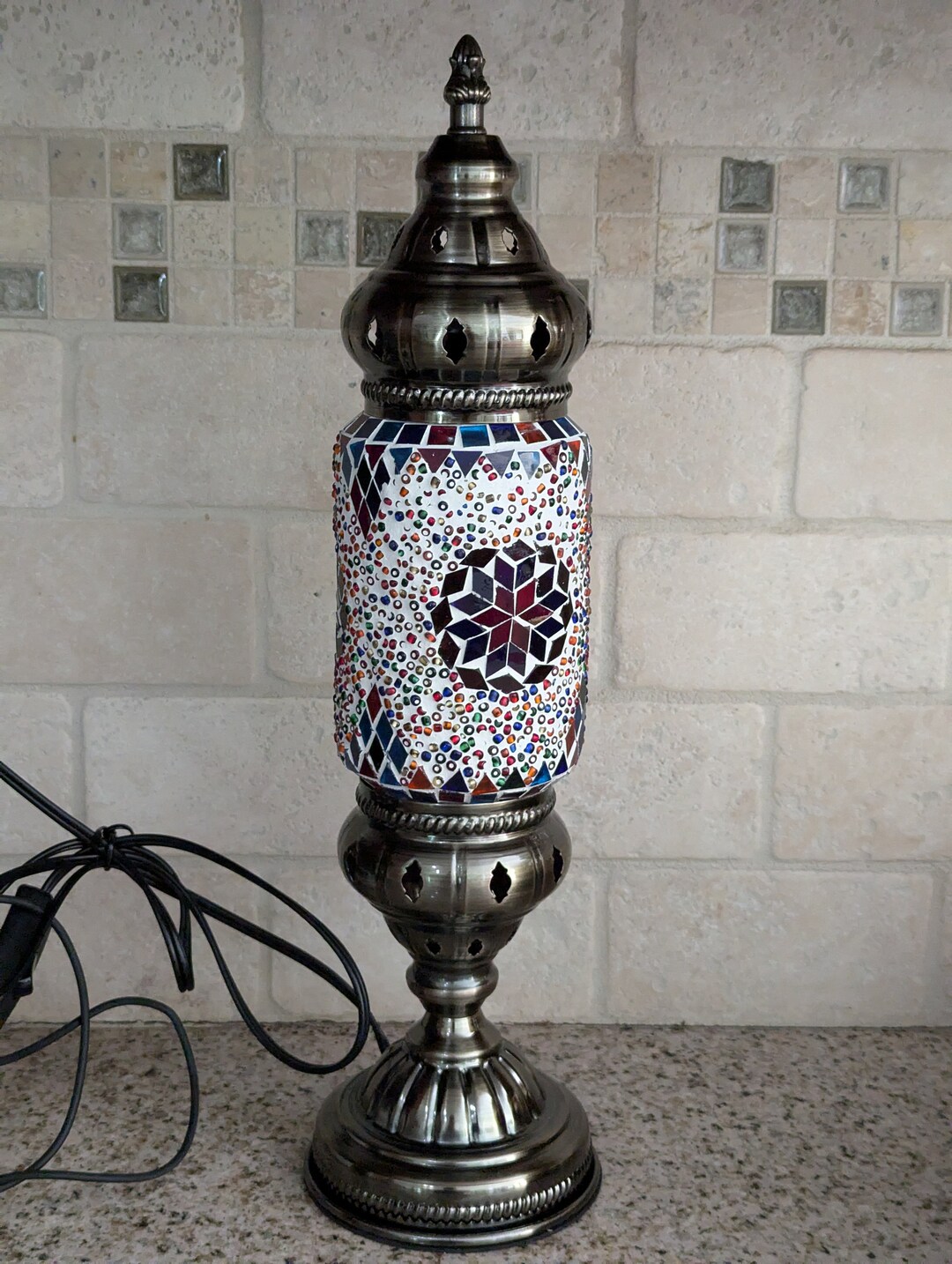New White Purple Blue Flower Cylindrical Turkish Lamp Metal Glass Made ...
