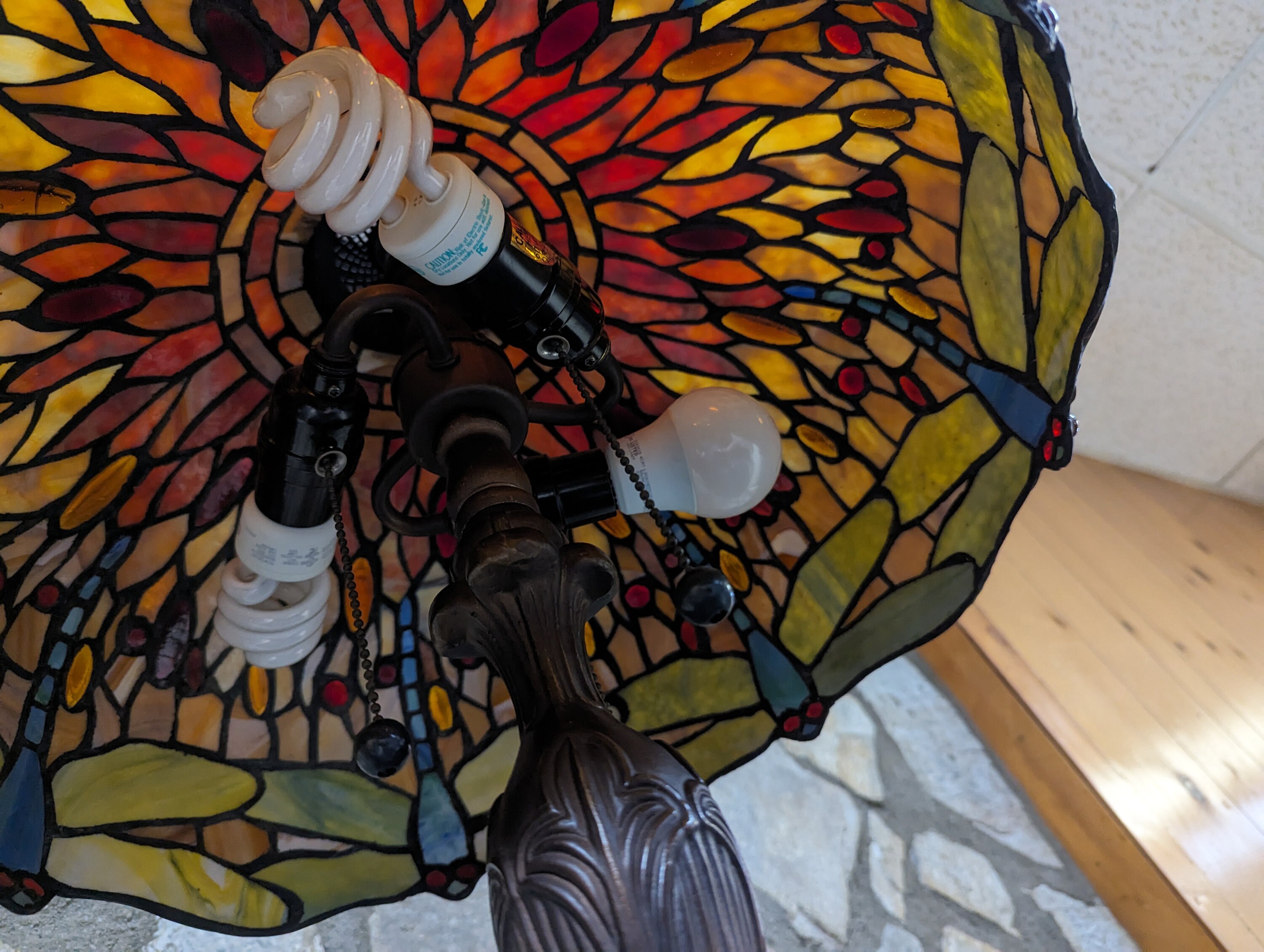 Excellent Condition Very Heavy Tiffany Style Dragon Fly Lamp Orange Red ...