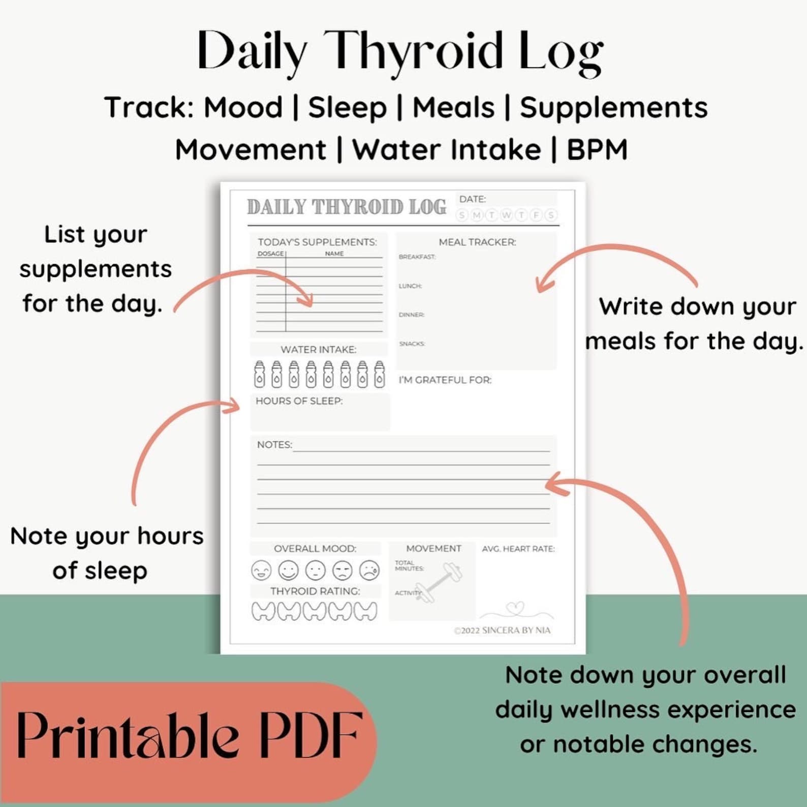 Daily Thyroid Health Tracker | Printable | Thyroid Health | Monitor ...