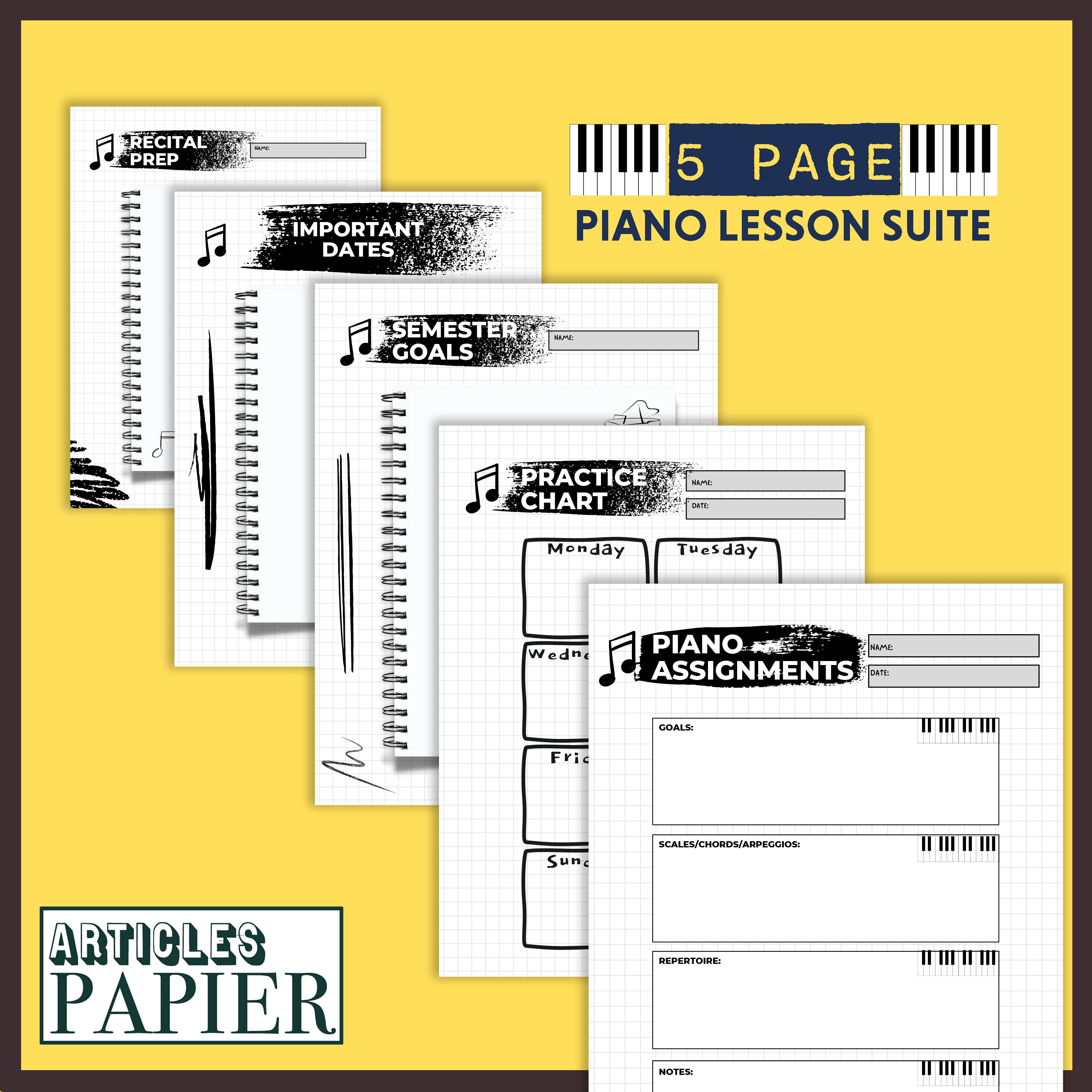 Piano Lesson Suite - Instant Download - Weekly Assignments, Recital ...