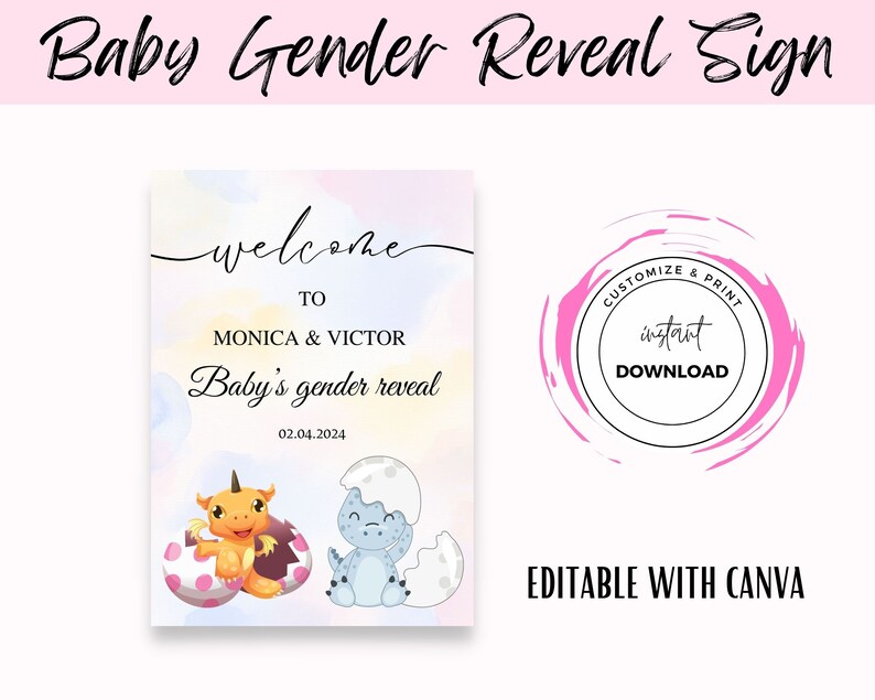 Baby Pink and Blue Dragon Gender Reveal Sign | Digital Template ...