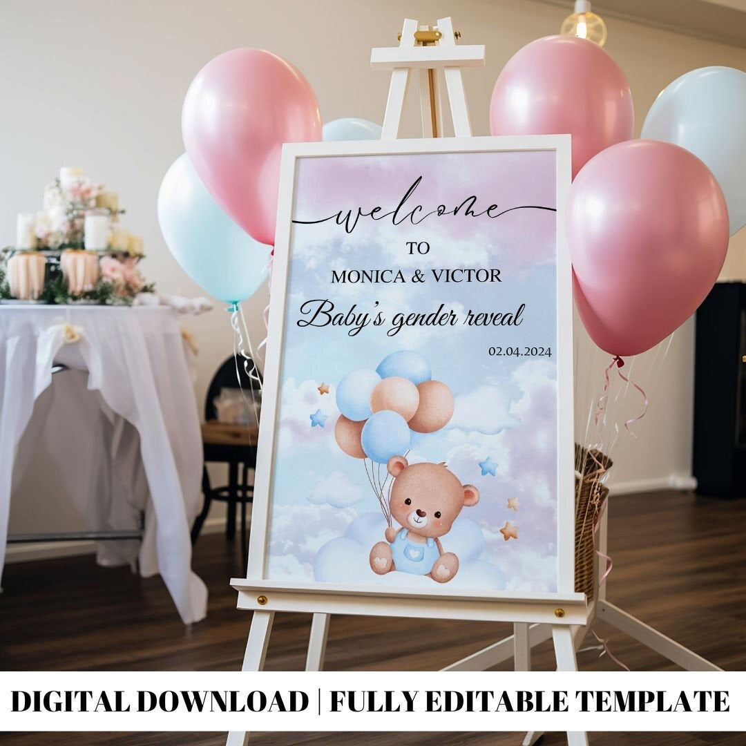Baby Bear in Clouds Gender Reveal Sign | Digital Template | Gender ...