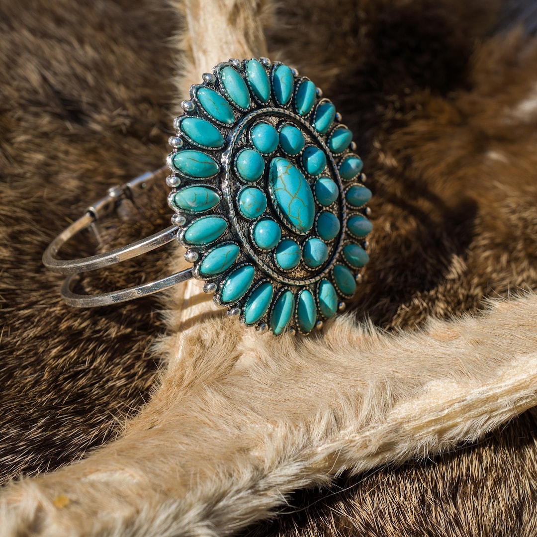 Turquoise Squash Blossom Bracelet, Silver Turquoise Bracelet, Bohemian ...