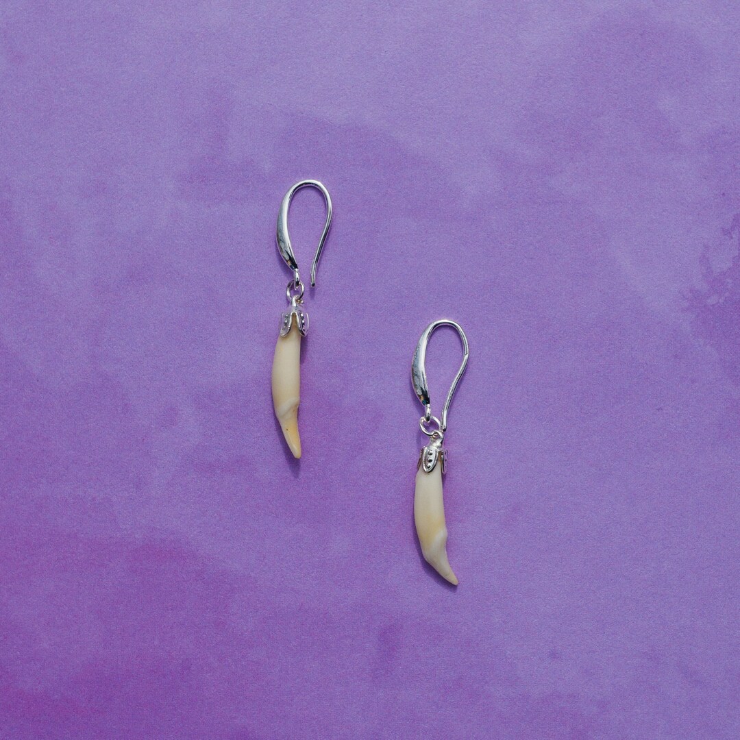 Sterling Silver Mink Fang Dangling Earrings Animal Bone Earrings Animal ...