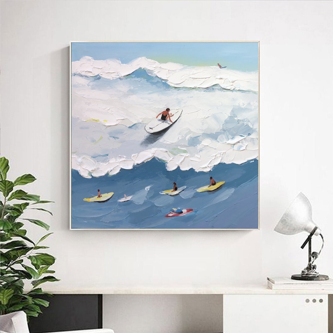 Large Beach Surfing Painting Original Blue Ocean Surfing Art Framed ...