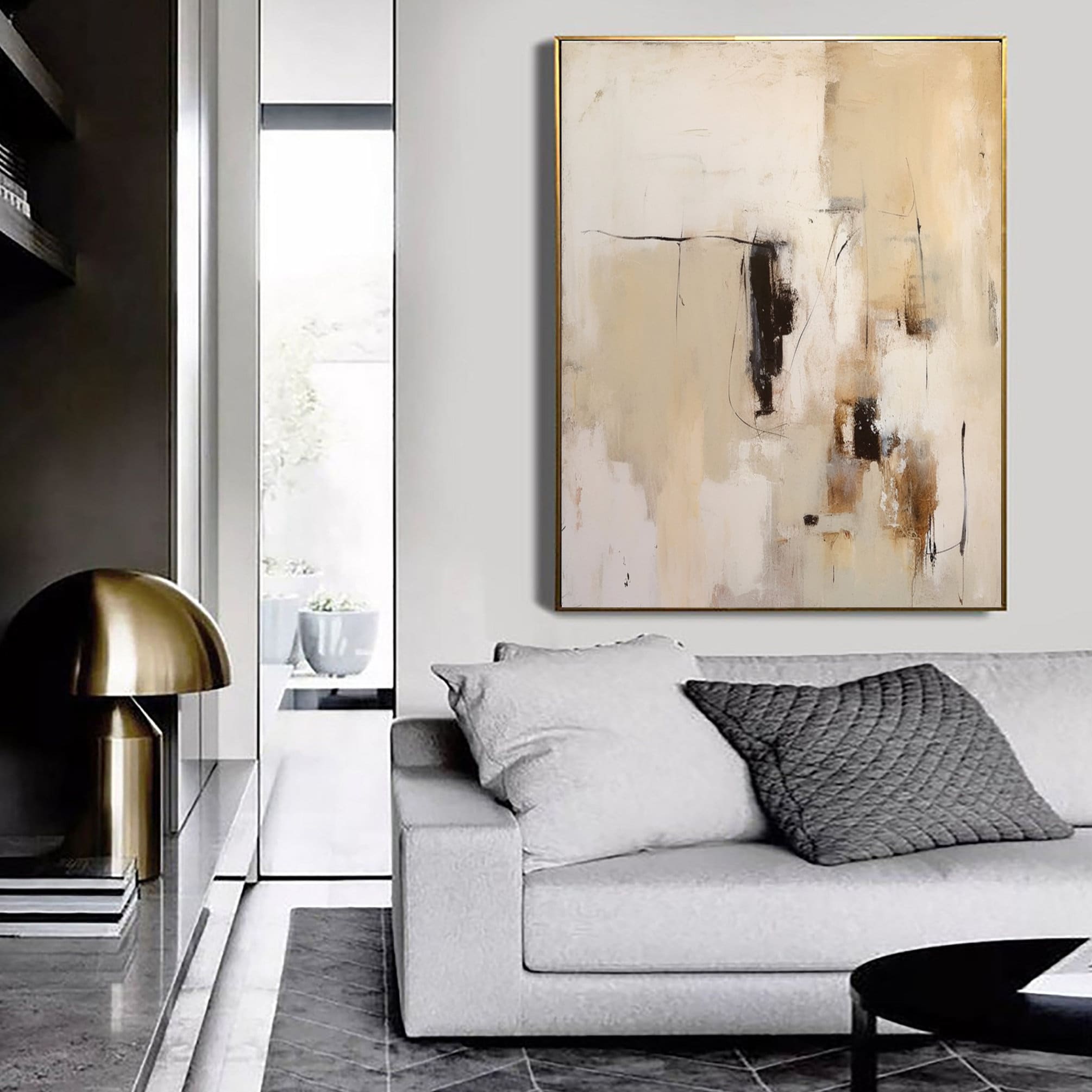 Modern Beige Abstract Painting Large Black Minimalist Wall Art Beige ...