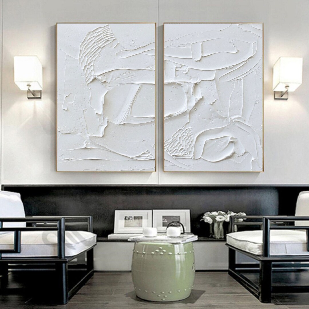 White Texture Abstract Painting Set of 2 White Wall Art Wall Decor ...