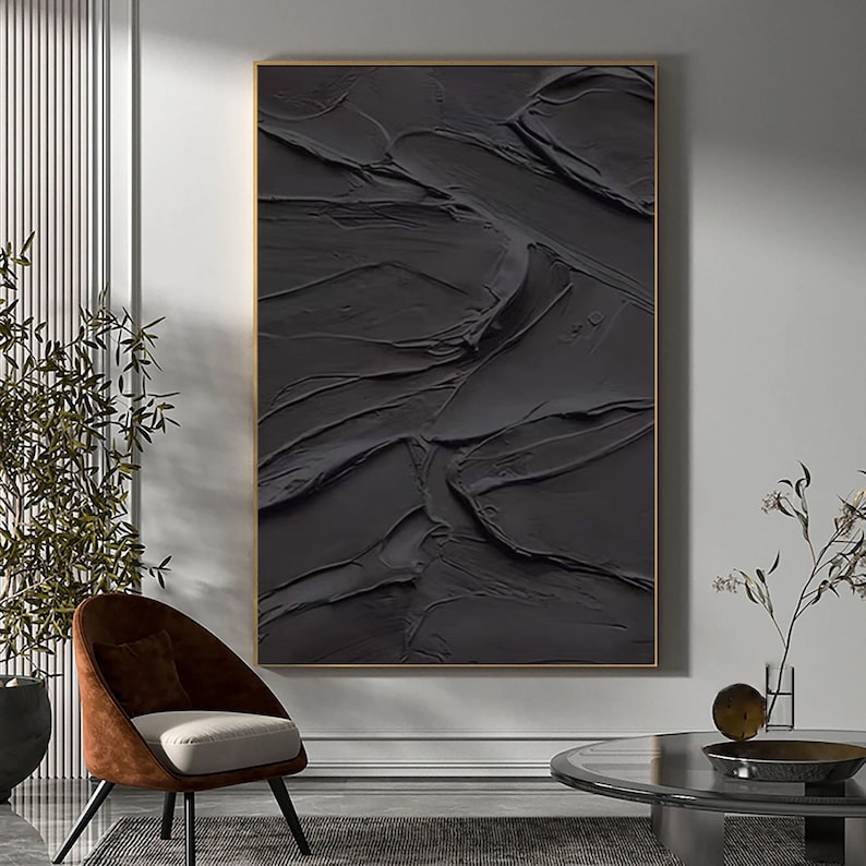 Large Black Modern Abstract Painting Black 3D Textured Painting Black ...
