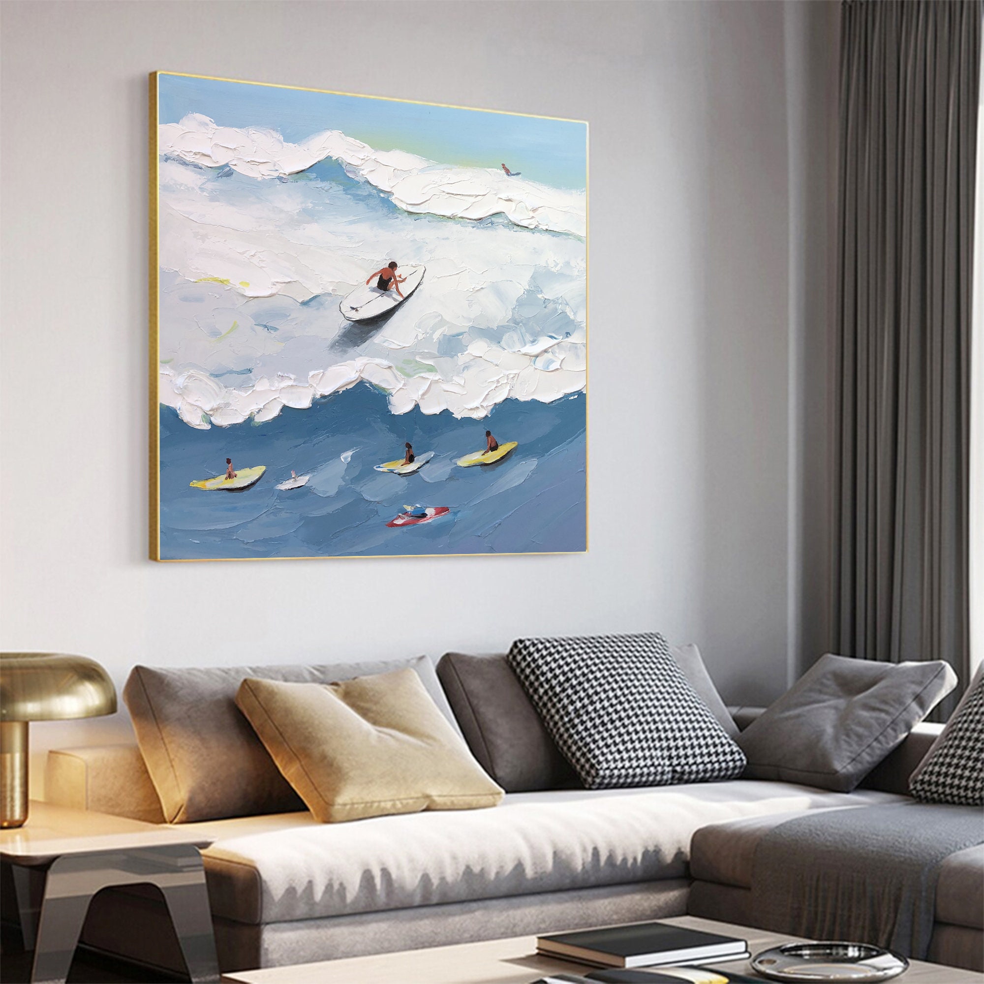 Large Beach Surfing Painting Original Blue Ocean Surfing Art Framed ...