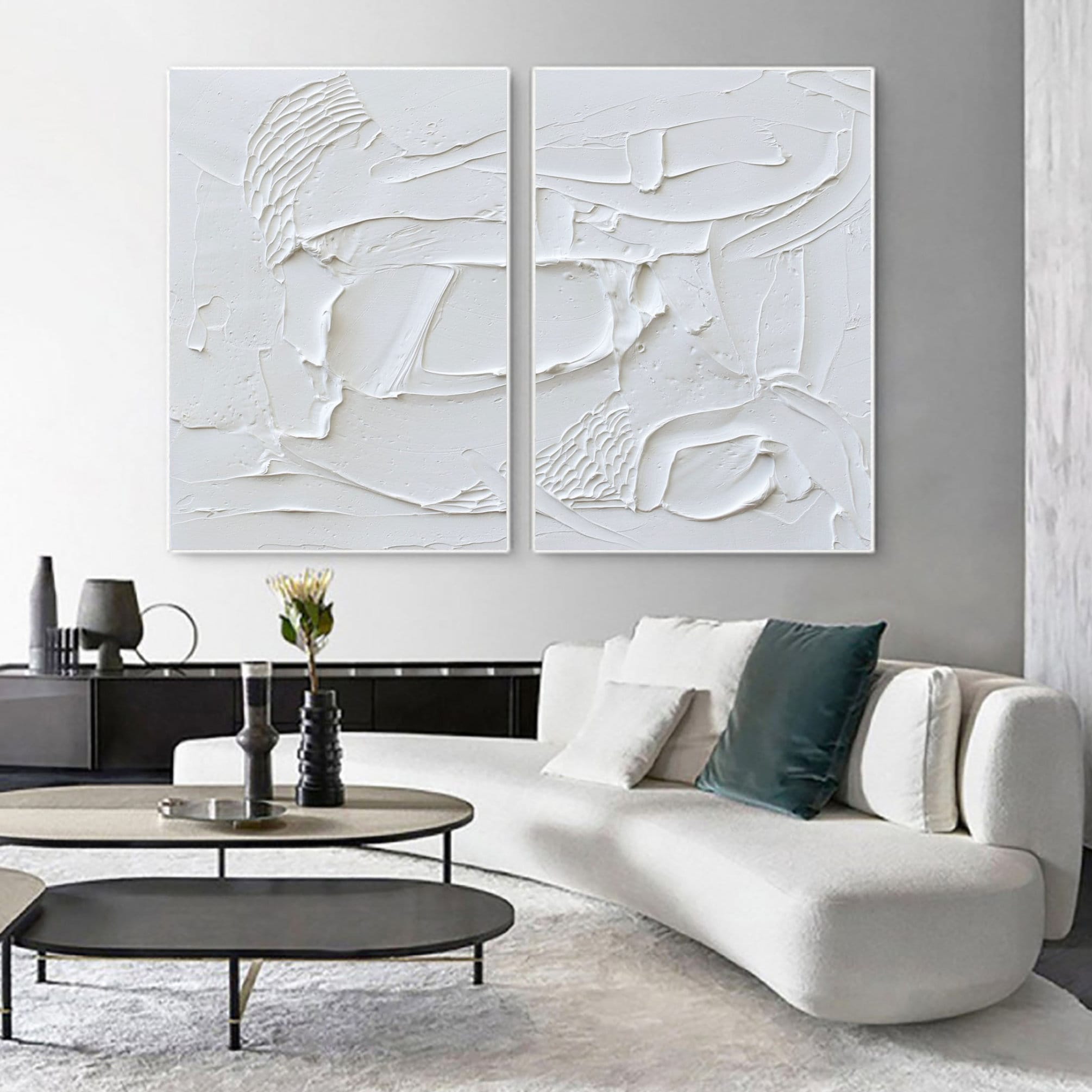 White Texture Abstract Painting Set of 2 White Wall Art Wall Decor ...