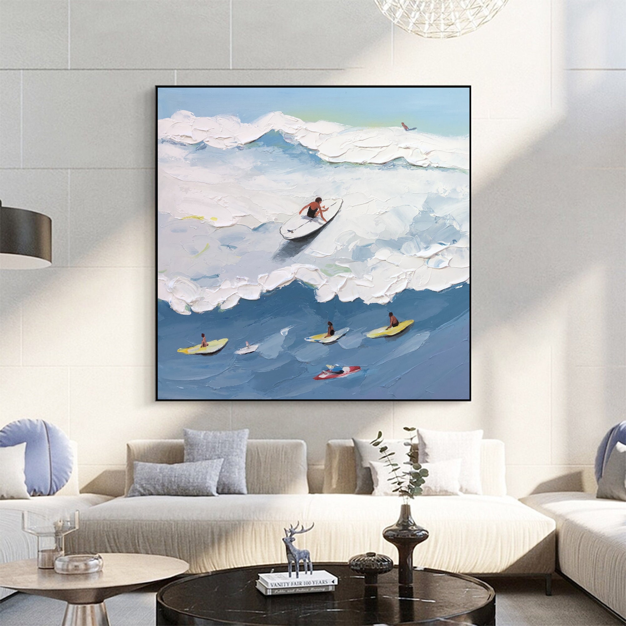 Large Beach Surfing Painting Original Blue Ocean Surfing Art Framed ...