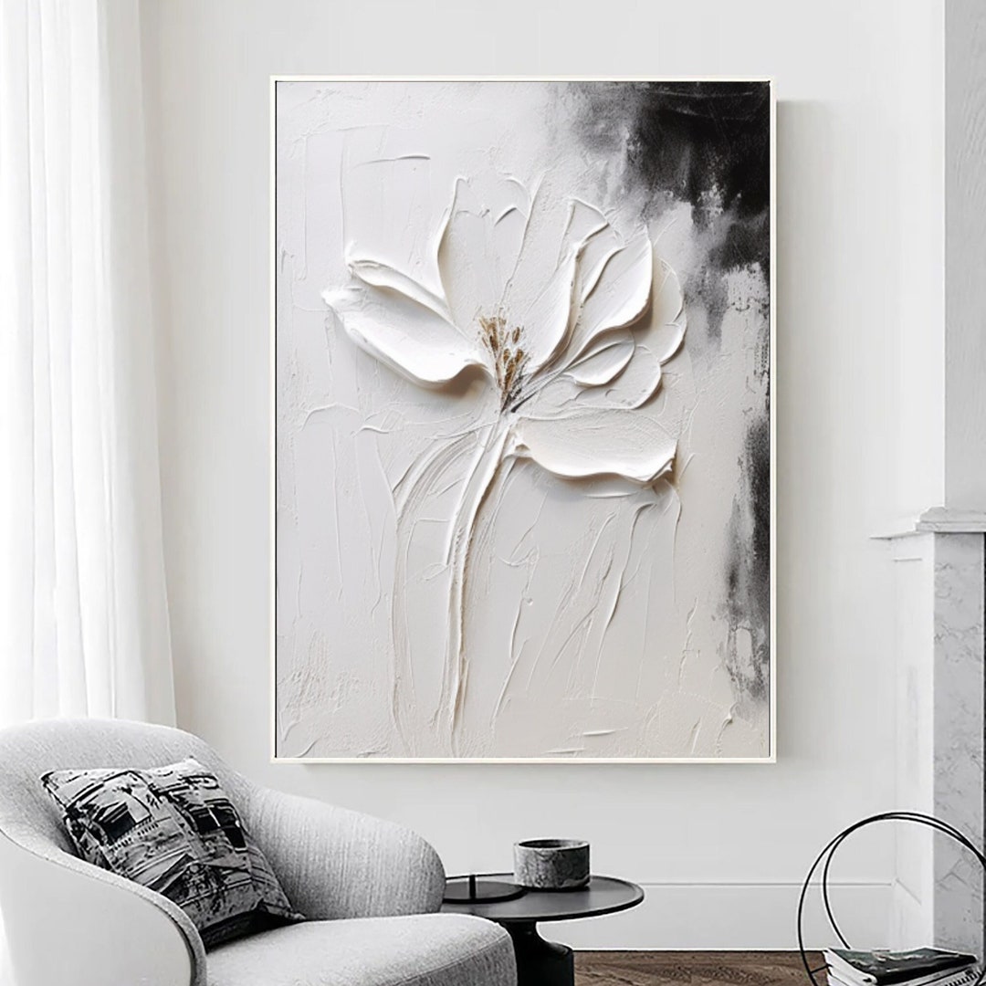 White Texture Flower Painting: Large Abstract Floral Wall Art - Etsy