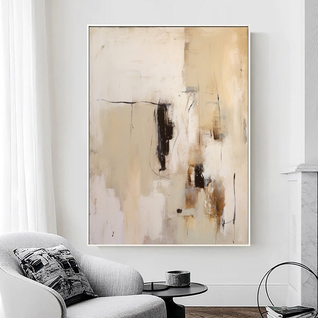 Modern Beige Abstract Painting Large Black Minimalist Wall Art Beige ...