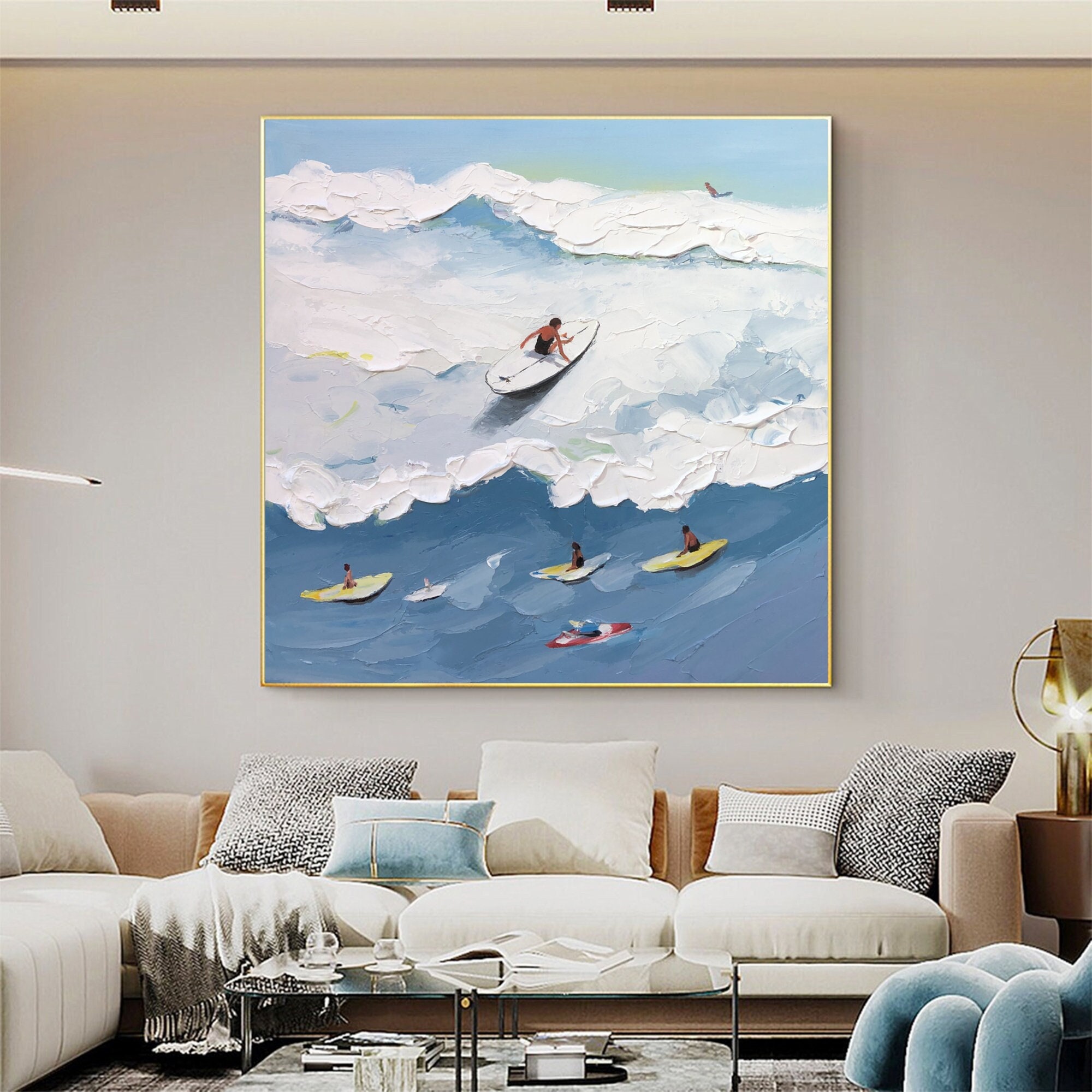 Large Beach Surfing Painting Original Blue Ocean Surfing Art Framed ...