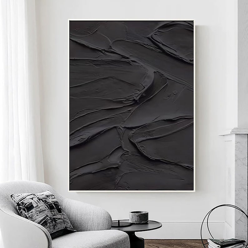 Large Black Modern Abstract Painting Black 3D Textured Painting Black ...