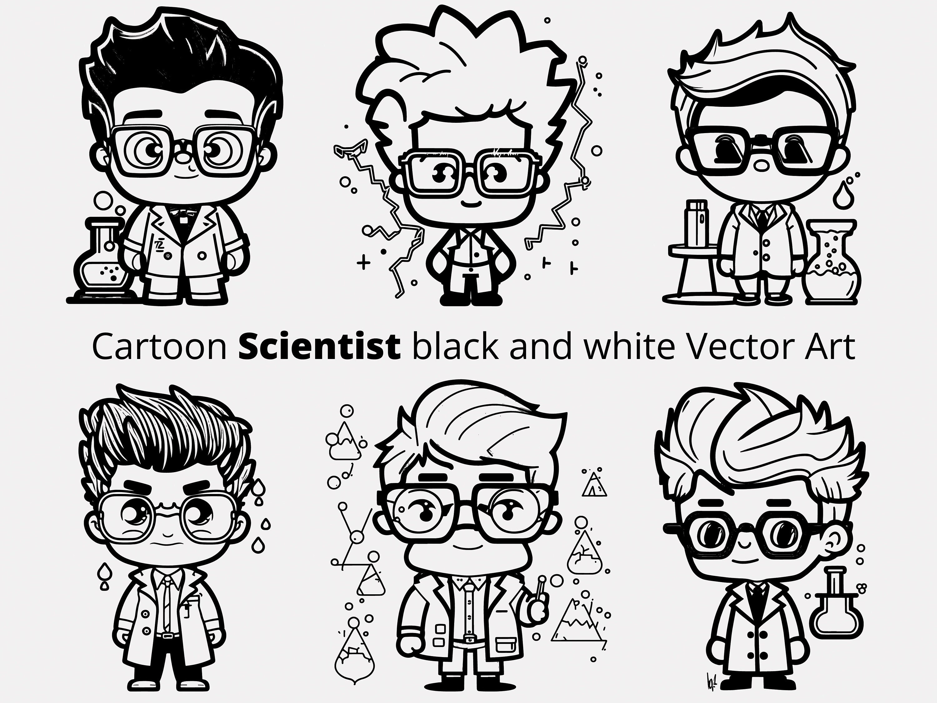 Cartoon Scientist Black and White , Svg Ai Eps Illustrations Vectors - Etsy